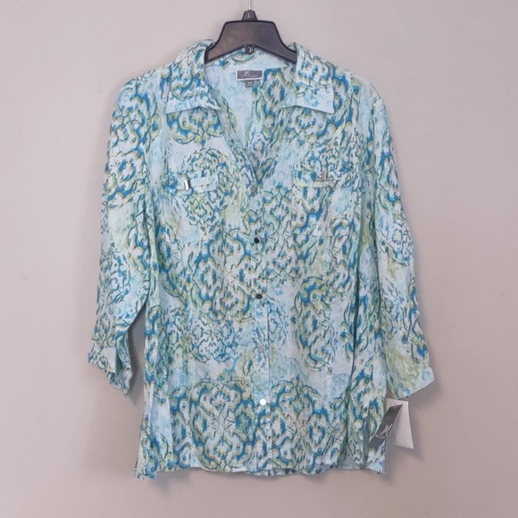 JM Collection | Tops | Jm Collection 0 Linen Watercolor Print Button Up ...